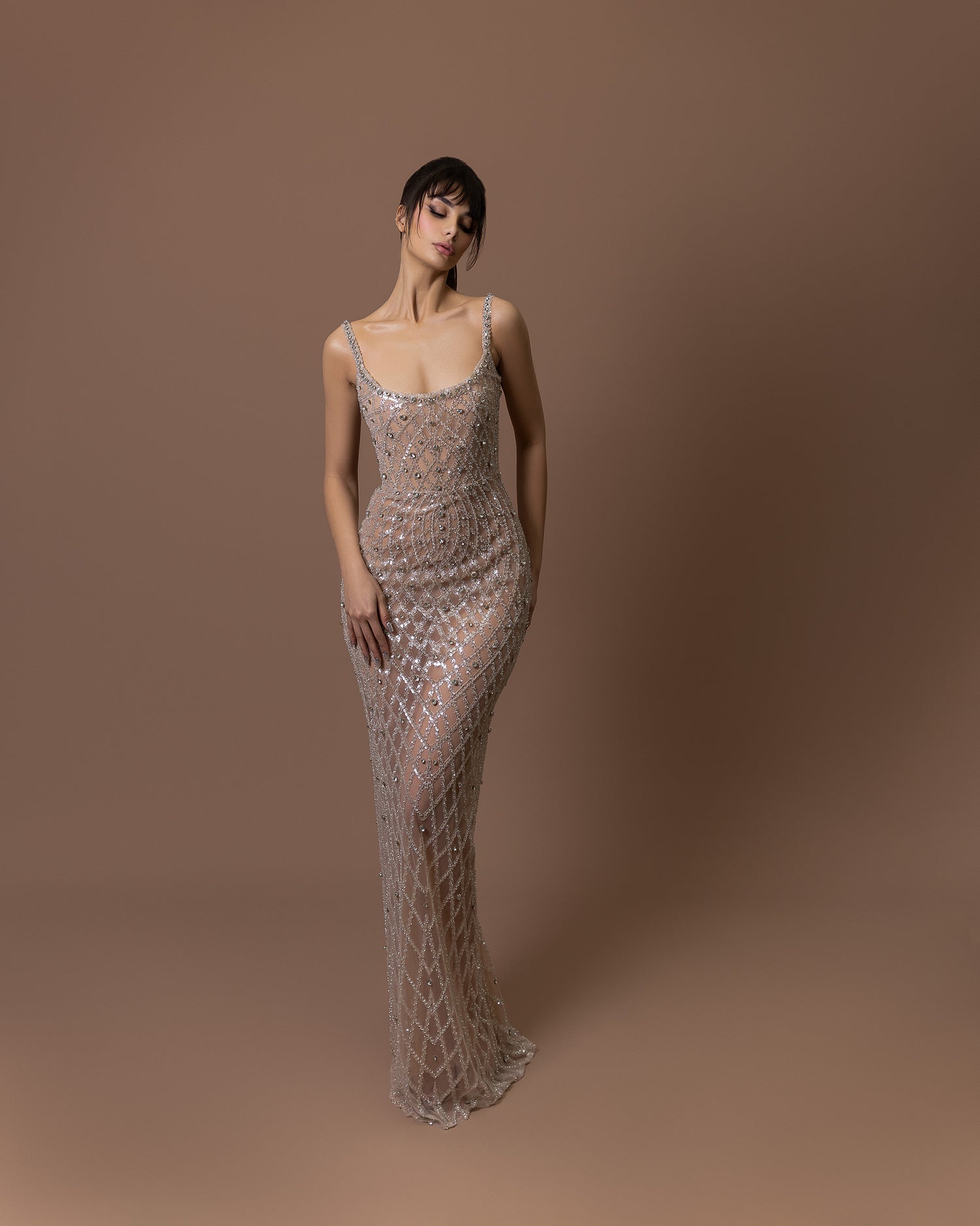 Long neckless embroidered silver dress